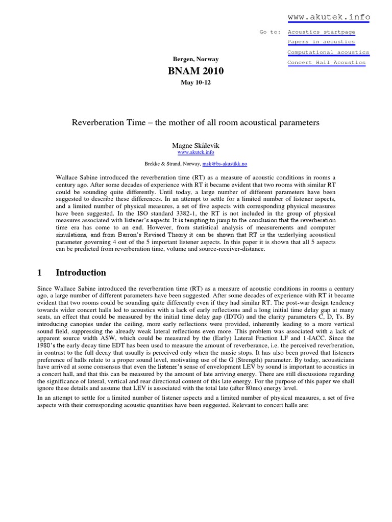 Reverberation Time - The Mother of All Room Acoustical Parameters | PDF | Acoustics | Scientific ...