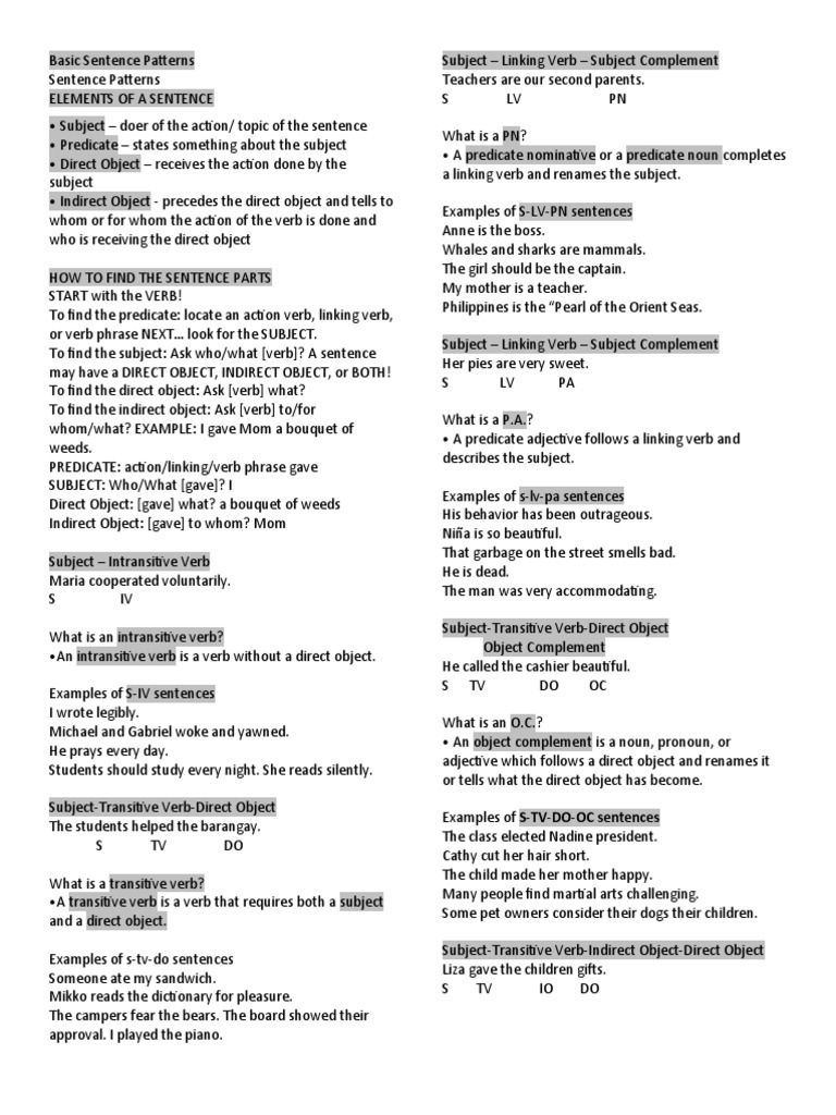 Basic Sentence Patterns | PDF | Verb | Subject (Grammar)