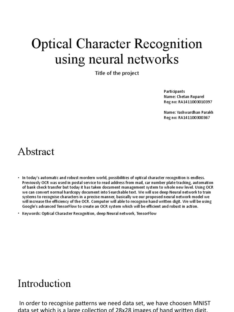 Optical Character Recognition Using Neural Networks: Title of The Project | PDF | Optical ...