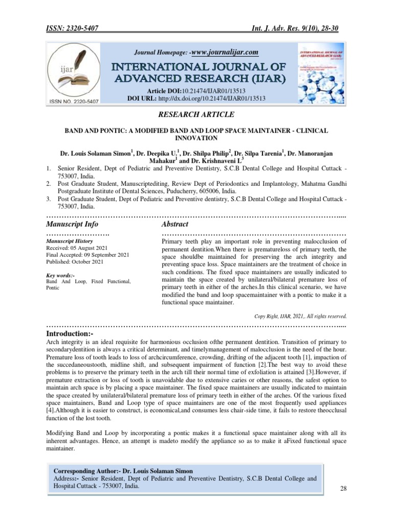 Band and Pontic: A Modified Band and Loop Space Maintainer - Clinical ...