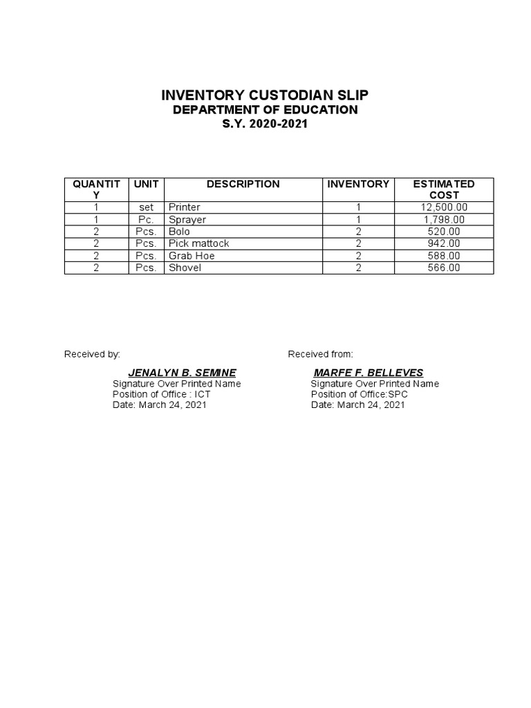 Inventory Custodian Slip 2020-2021 | PDF
