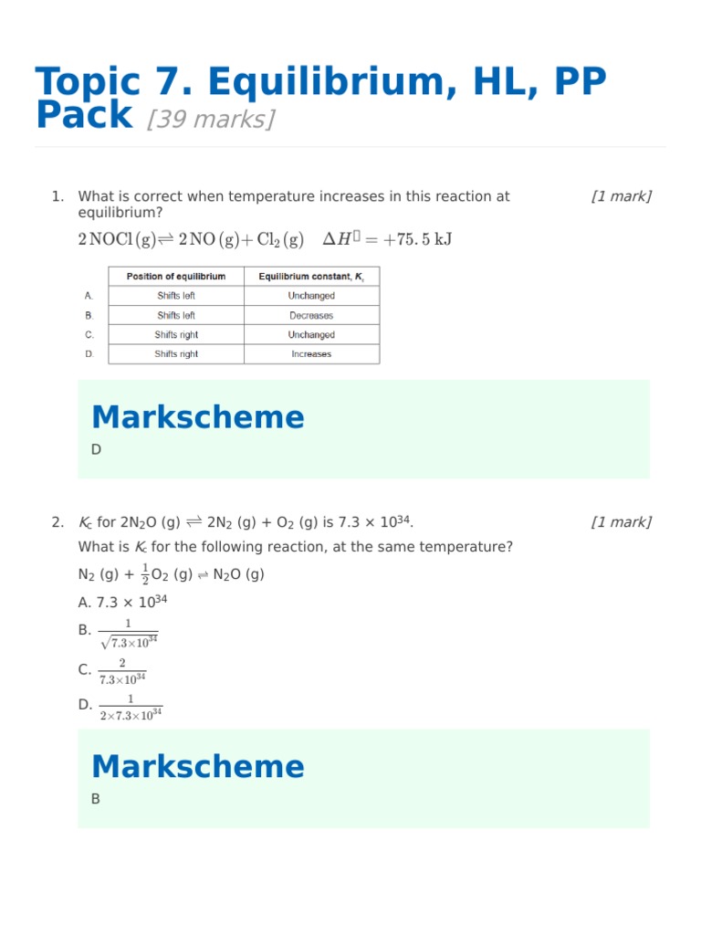Topic 7. Equilibrium HL PP Pack, Markscheme | PDF | Acid | Chemical ...