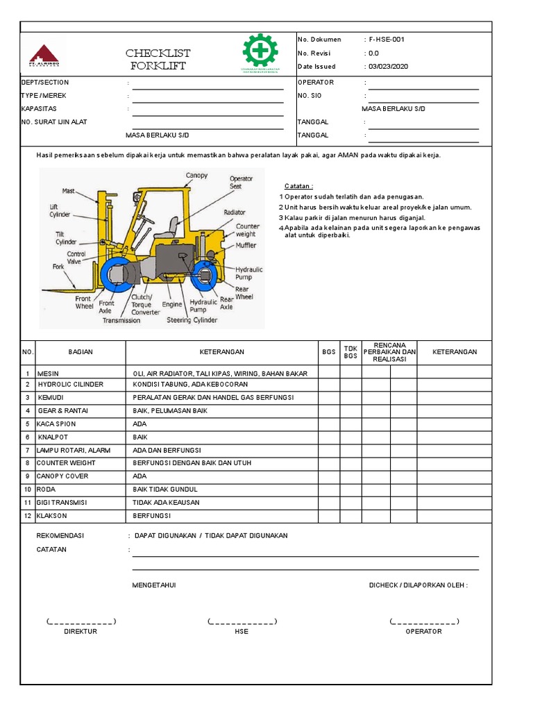 Form Checklist Inspeksi Forklift | PDF