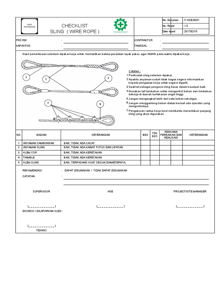 Form Checklist Inspeksi Sling (Wire Rope) | PDF