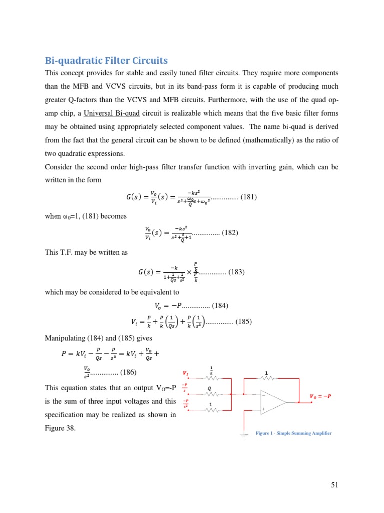 Bi-Quadratic Filter Circuits: Figure 1 - Simple Summing Amplifier | PDF | Electronic Filter ...