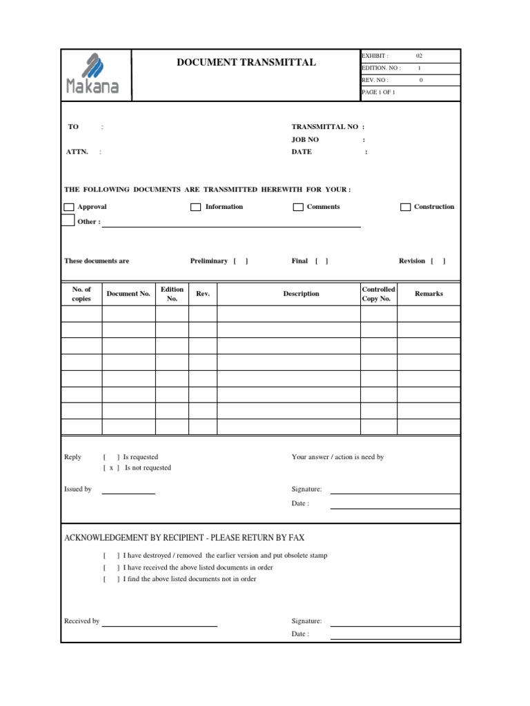 Document Transmittal: Acknowledgement by Recipient - Please Return by ...