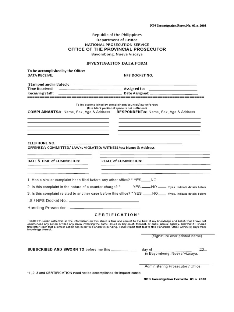 NPS Investigation Form No | PDF | Prosecutor | Complaint