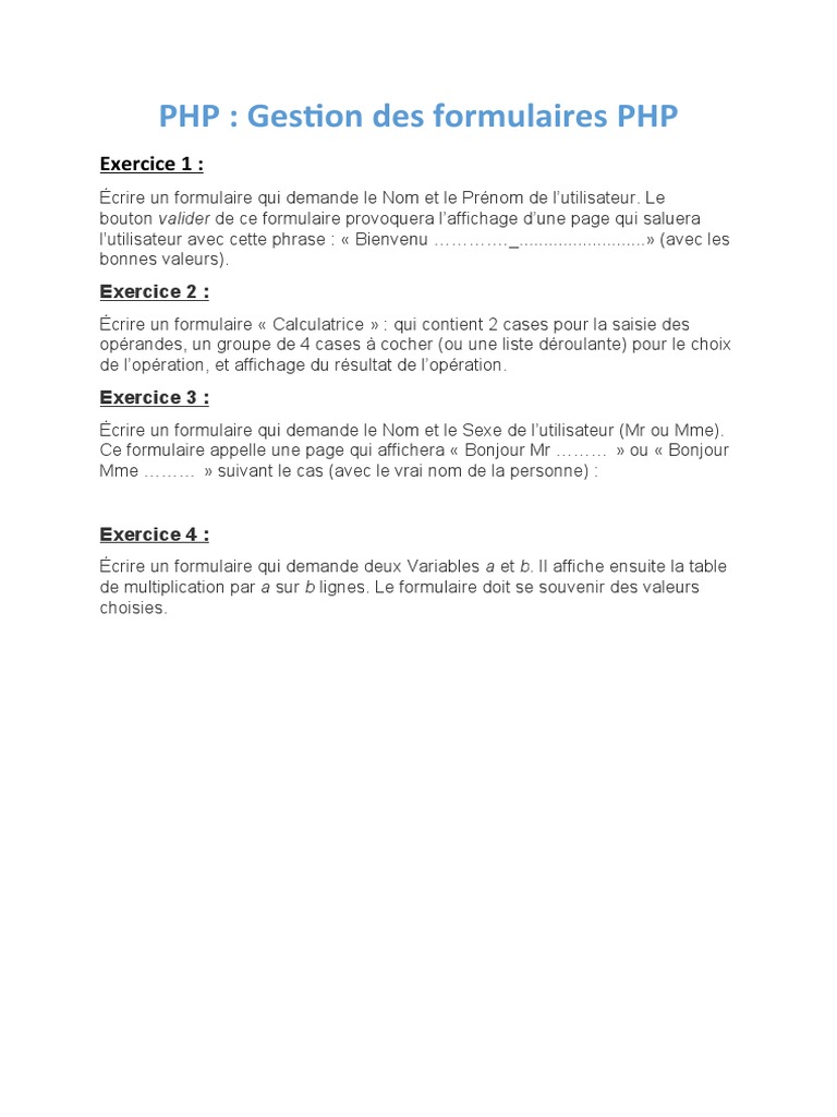 Formulaires PHP : Exercices pratiques | PDF