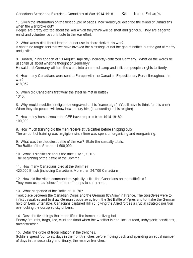 Feihan Yu - Canadiana Scrapbook WW1 Questions | PDF | Trench Warfare ...