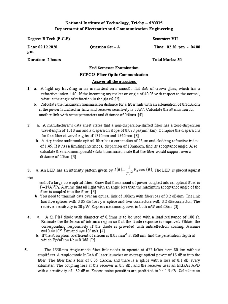 FOC - Question Set - A | PDF | Optical Fiber | Dispersion (Optics)