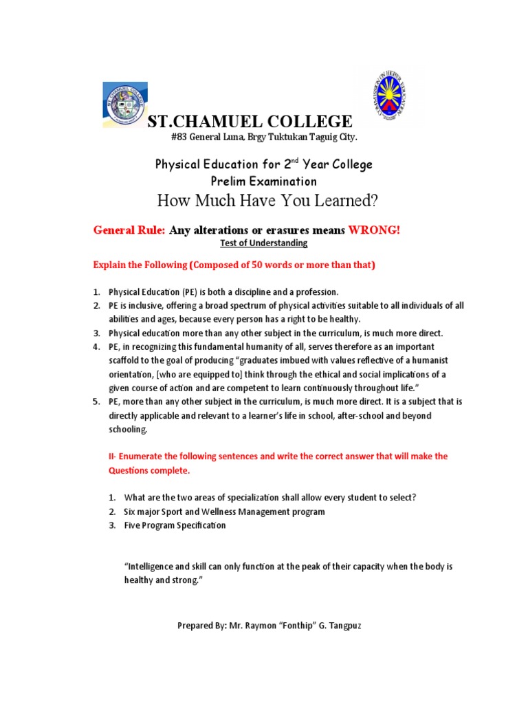 PE Exam for 2nd Year Students | PDF