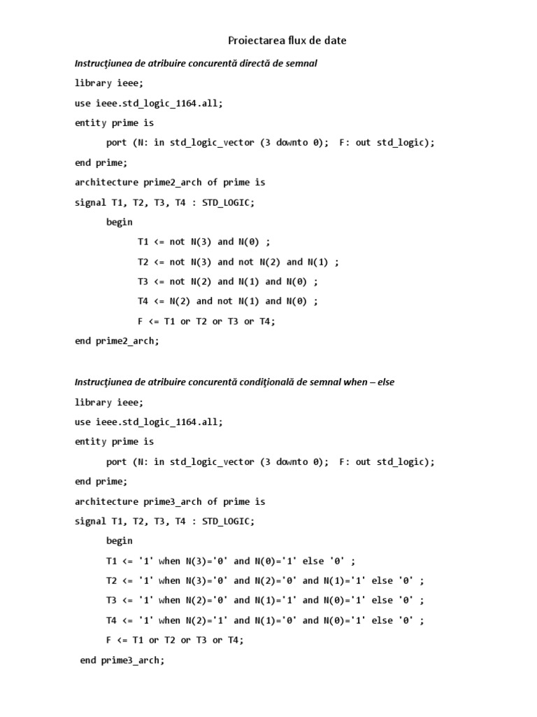 Proiectarea Flux de Date: Instrucţiunea de Atribuire Concurentă Directă de Semnal | PDF | Vhdl ...