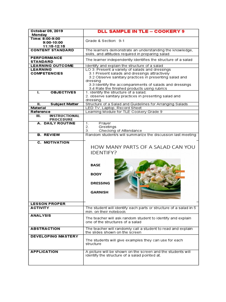 Daily Lesson Log: TLE Cookery 9 | PDF | Teachers | Learning