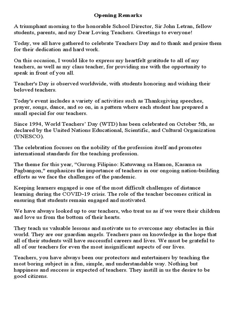 Teachers Day Opening Remarks | PDF | Teachers | Behavior Modification