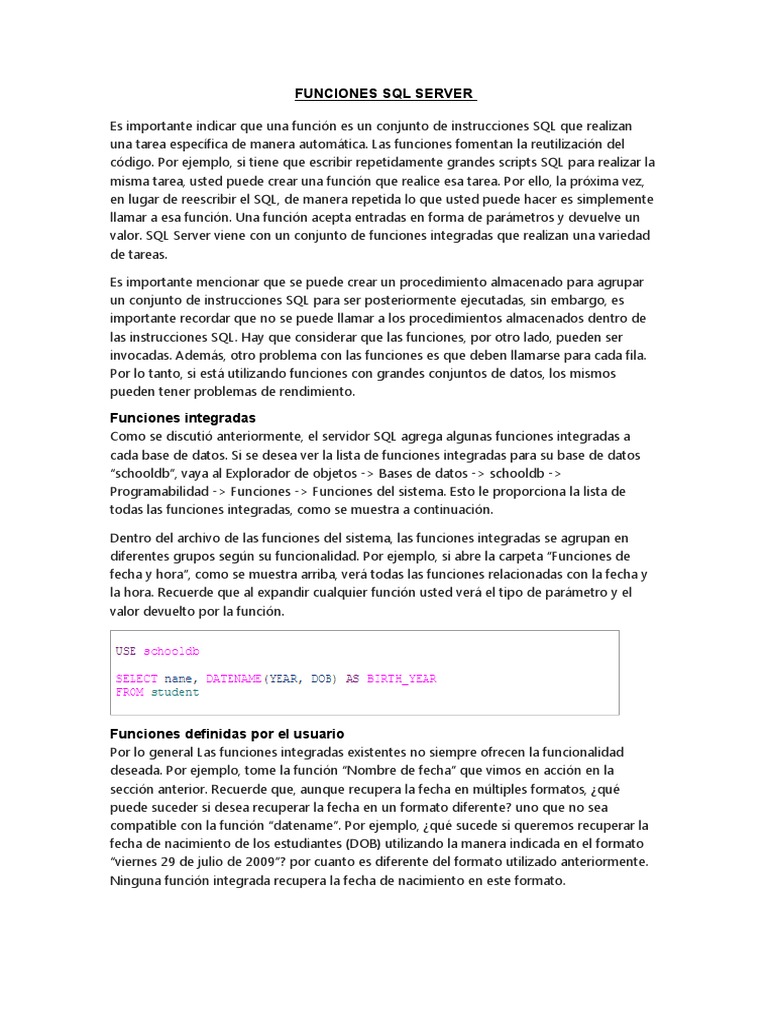 Funciones SQL Server | Descargar gratis PDF | Servidor SQL de Microsoft | SQL