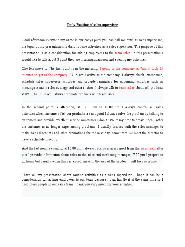 Sales Supervisor Daily Routine Overview | PDF
