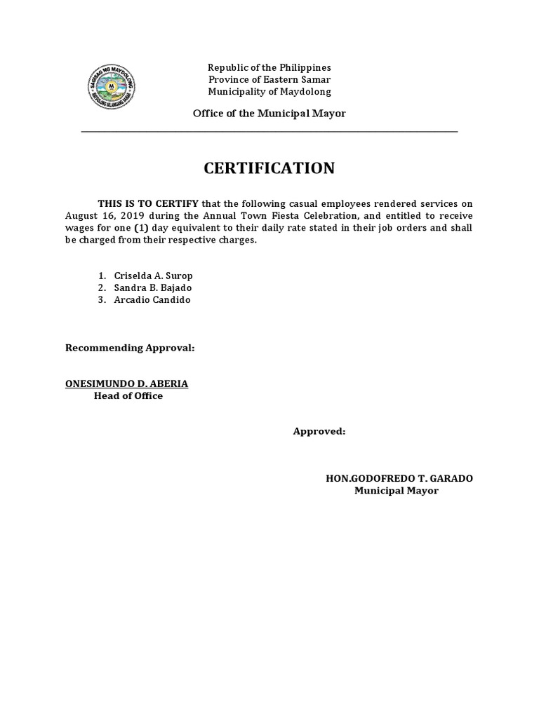 Certification: Office of The Municipal Mayor | PDF
