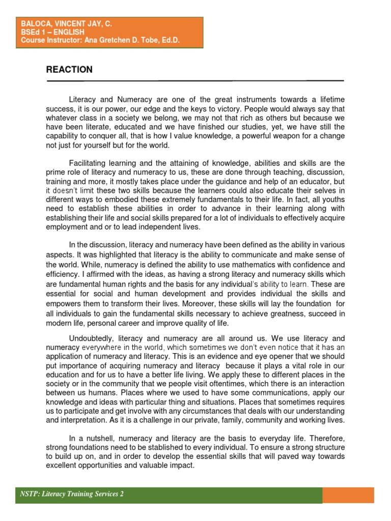 BALOCA, Vincent Jay - BSEdEng - NSTP LTS A - REACTION On Literacy and ...
