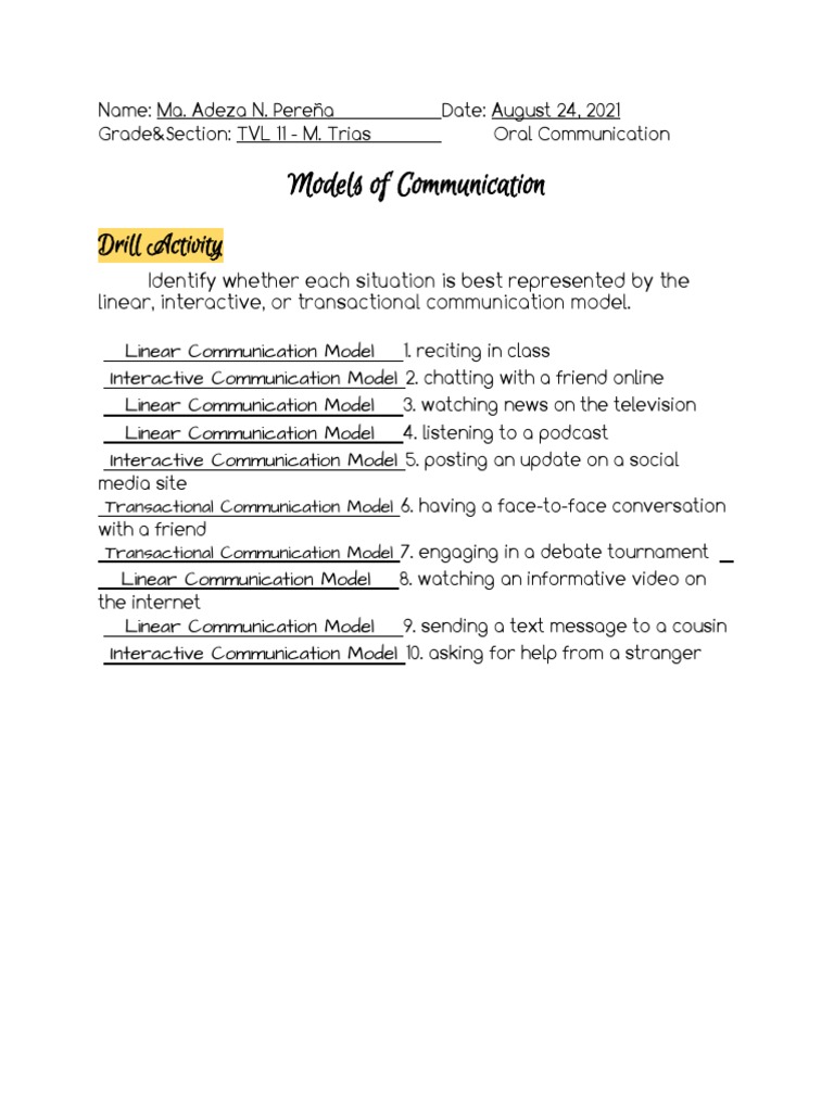 Communication Models Drill Activity | PDF