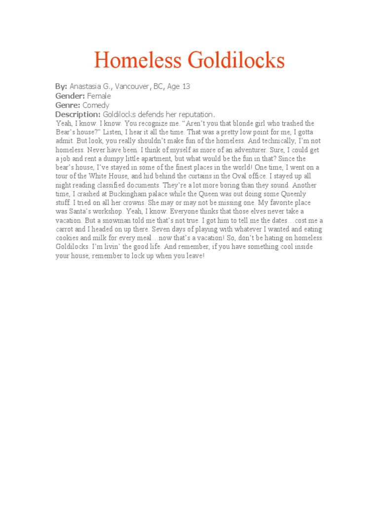 Comedic Teen Monologue Homeless Goldilocks | PDF