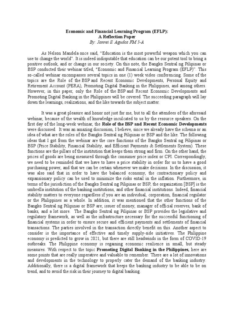 Economic and Financial Learning Program (EFLP) : A Reflection Paper ...