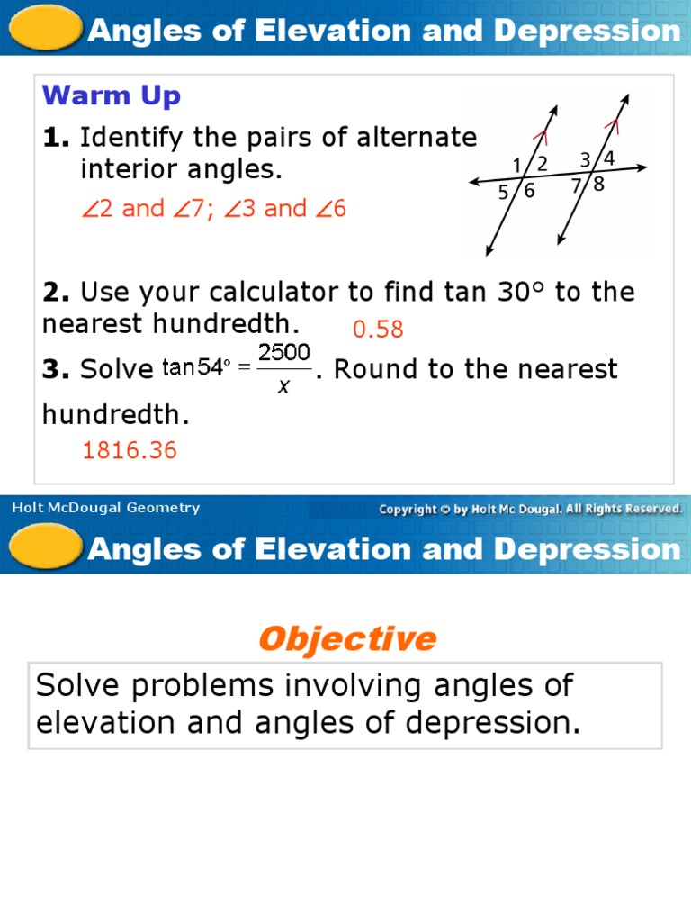 Elevation and Depression Angles | PDF | Angle | Line (Geometry)