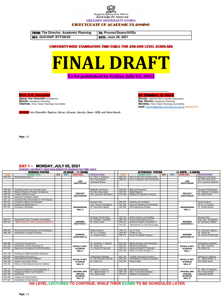 Exams Time Table (200-500 Levels) 2020-2021 Rain Semester | PDF | Science
