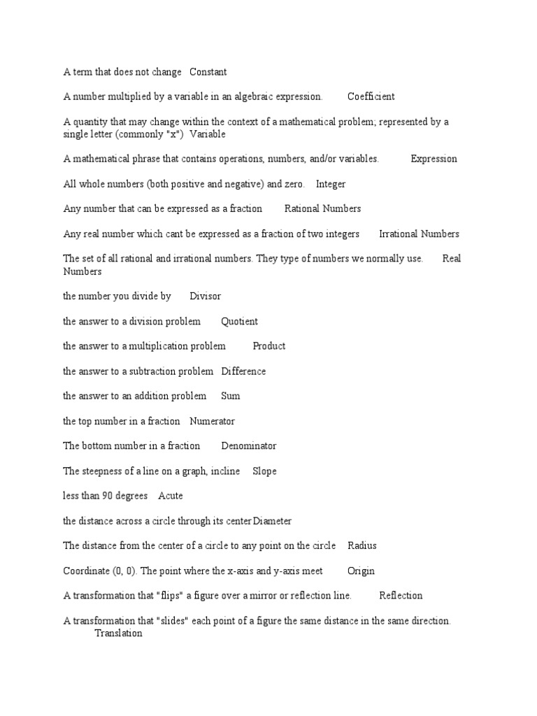 Pre-Algebra Vocabulary | PDF