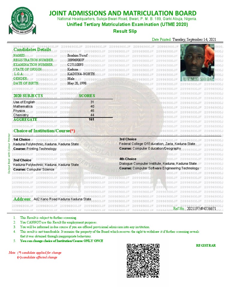 Original JAMB Result Slip 2020 | PDF | Science And Technology