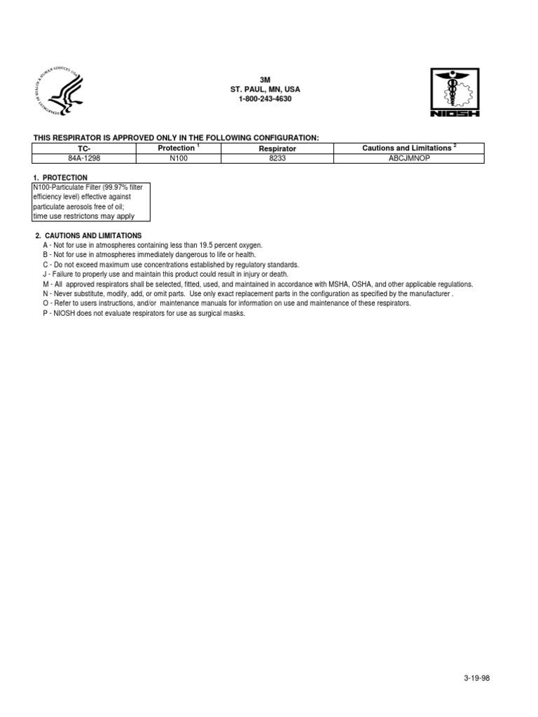 3M St. Paul, MN, Usa 1-800-243-4630: 84A-1298 N100 8233 Abcjmnop | PDF