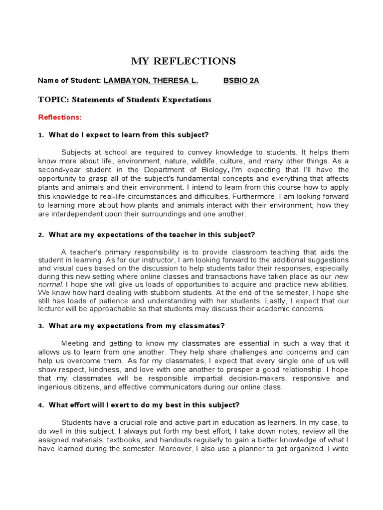 A Student's Expectations and Commitment to Learning: Theresa L ...