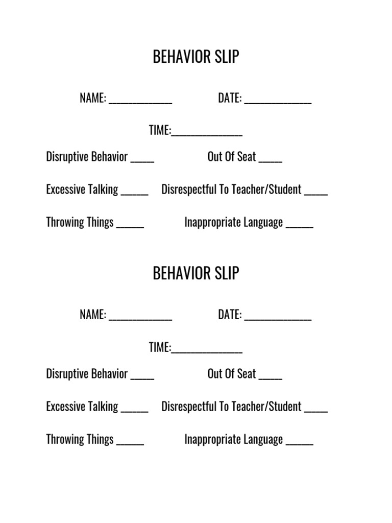 Behavior Slip for Classroom Management | PDF | Wellness