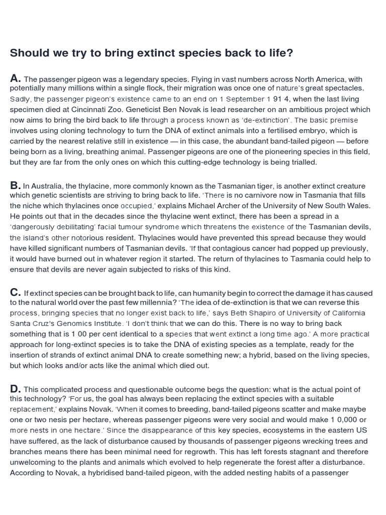 Should We Try To Bring Extinct Species Back To Life? A | PDF ...