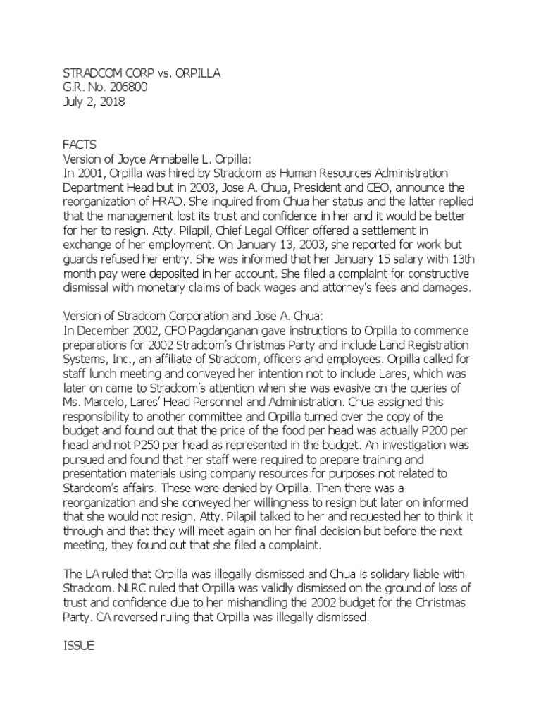 Stradcom Corp vs. Orpilla Digest | PDF | Employment | Public Law