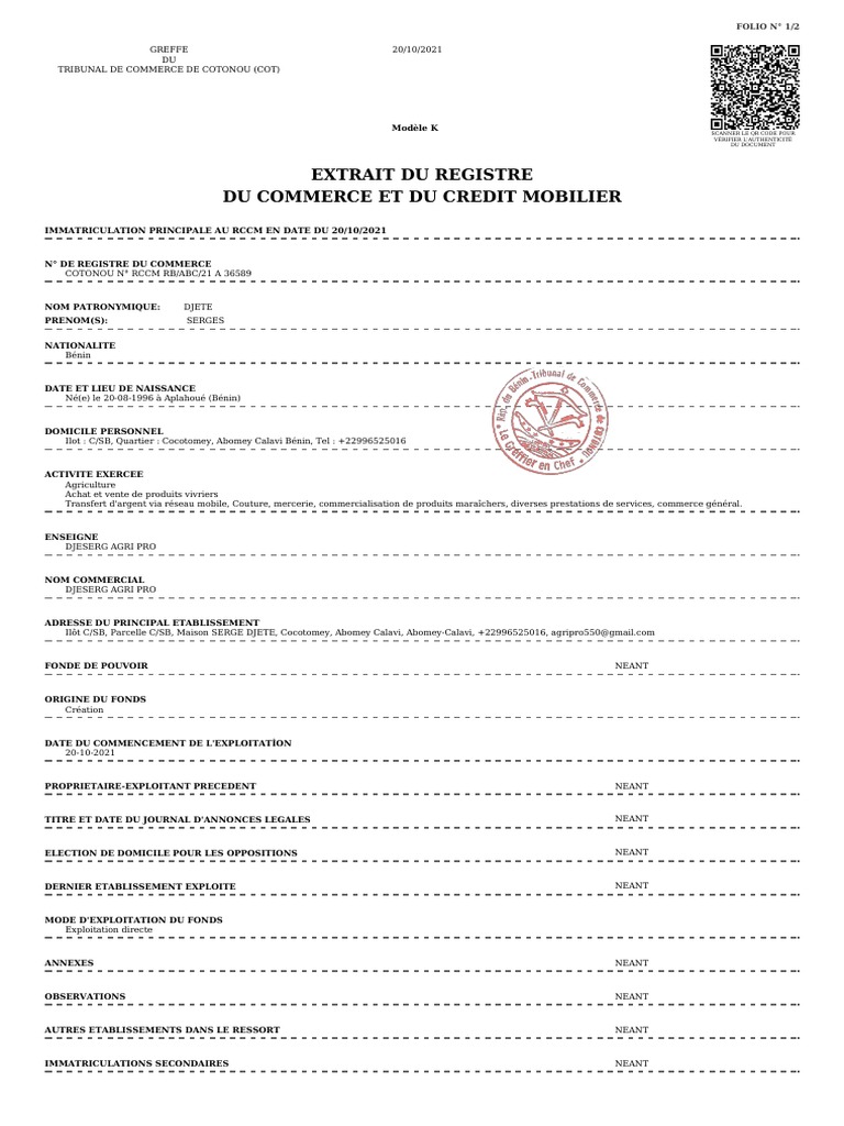 Extrait D'immatriculation RCCM | PDF | Tribunaux