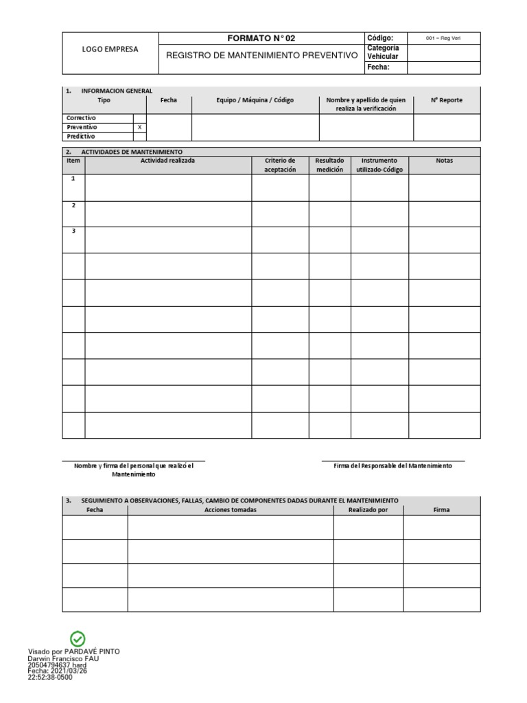 Formato #02 - Formato para La Formulación Del Registro de Mantenimiento Preventivo PDF | PDF