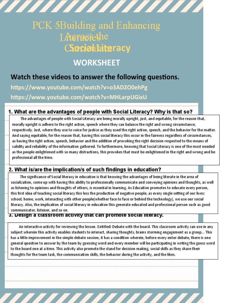 Social Literacy Worksheet | PDF | Literacy | Reason