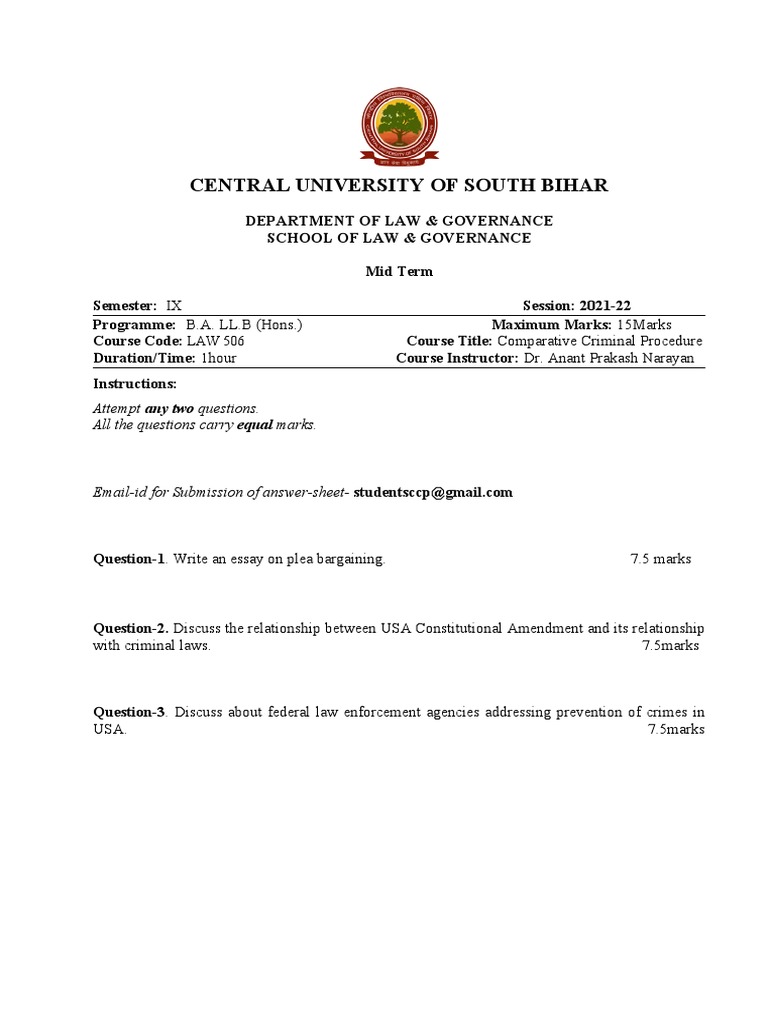 Central University of South Bihar: Course Title: Comparative Criminal ...