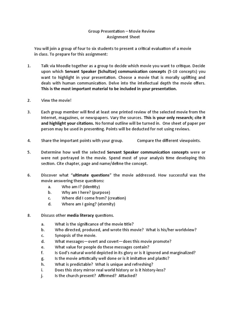 Movie Group Presentation Assignment Directions | PDF | Mass Media ...