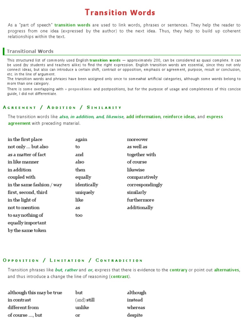Essential English Transition Words List | PDF | Phrase | Sentence ...