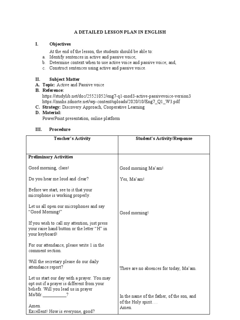 Active and Passive Voice Lesson Plan | PDF | Verb | Subject (Grammar)