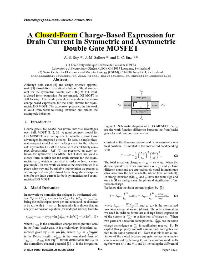 A Closed Form Charge Based Expression For Drain Current In Symmetric