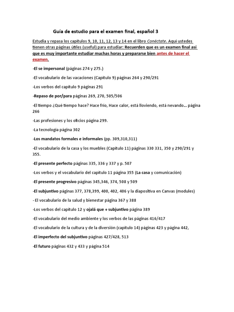 Guía de Estudio Examen Final Español 3 | PDF