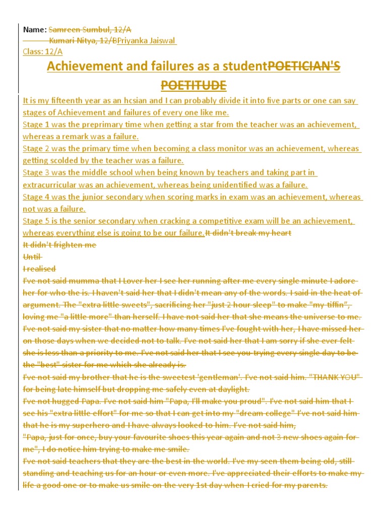Achievement and Failures As A Student (Poem) | PDF