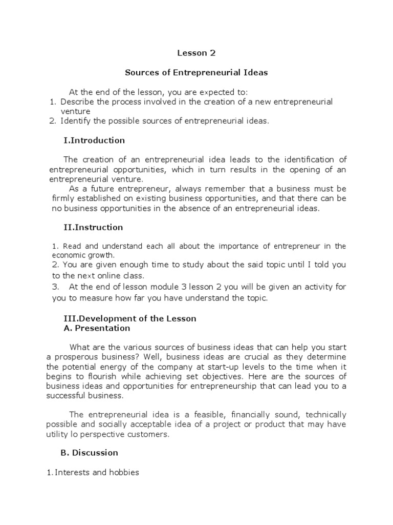 Lesson 2 Sources of Entrepreneurial Ideas | PDF | Entrepreneurship ...
