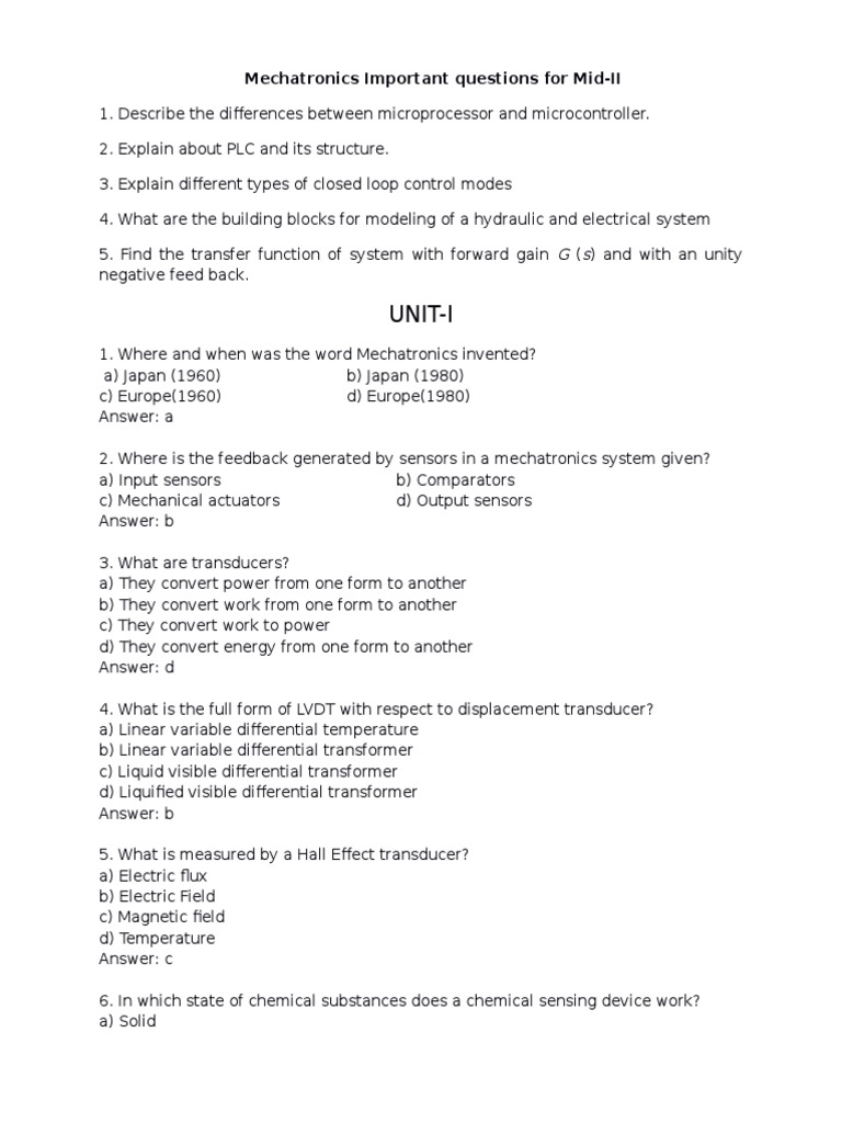Mechatronics Question Bank For Mid-II | PDF | Electronic Filter | Switch