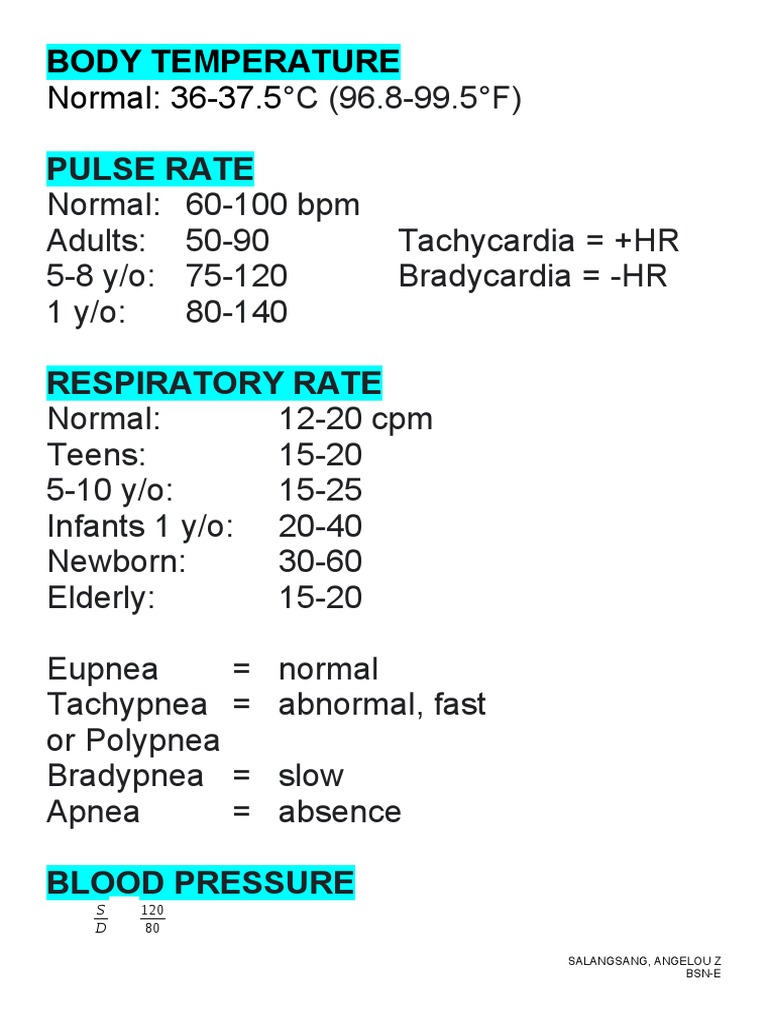 Vital Signs Cheat Sheet | PDF