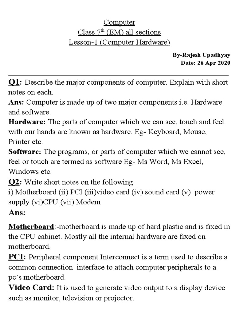 Class 7th (E.M) Q&A Lesson-1 | PDF | Computer Hardware | Dvd