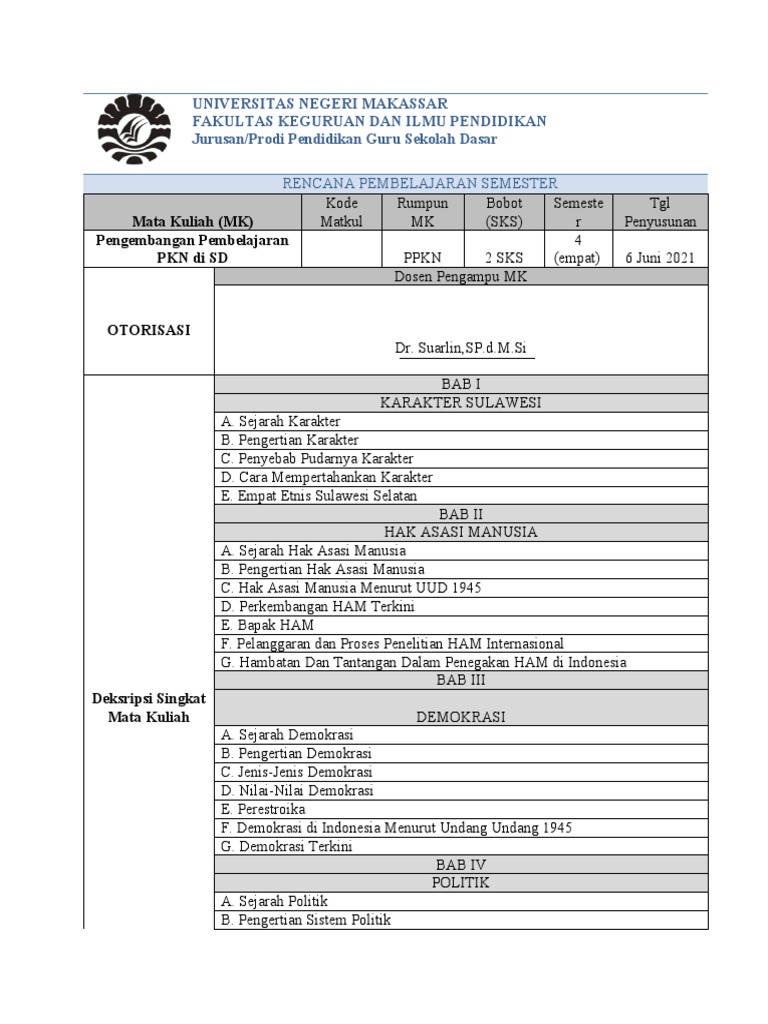 RPS PPKN SD: Karakter, HAM, Demokrasi | PDF