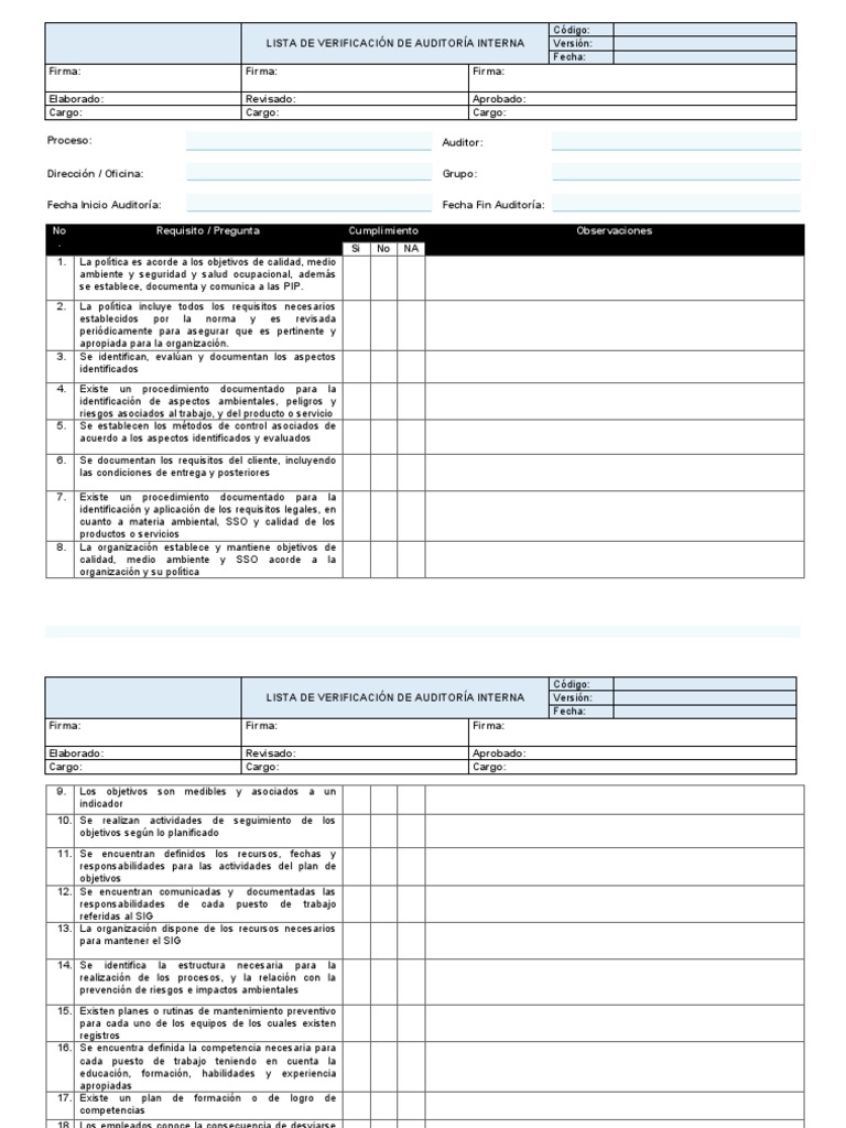 Checklist de Auditoría Interna | PDF | Calidad (comercial) | Auditoría
